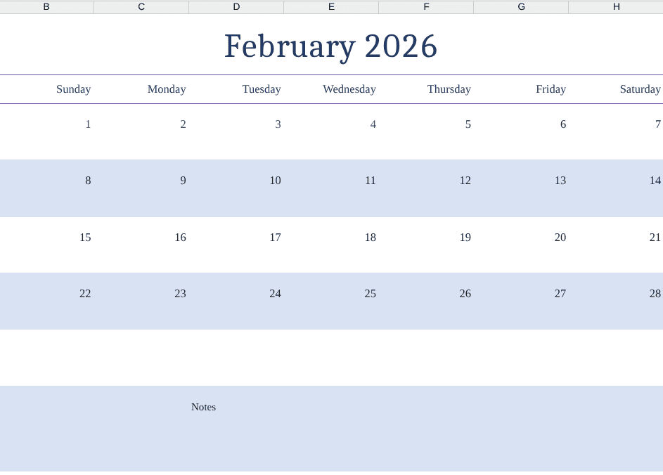 February 2026 Free Editable Excel and Word Calendar Template